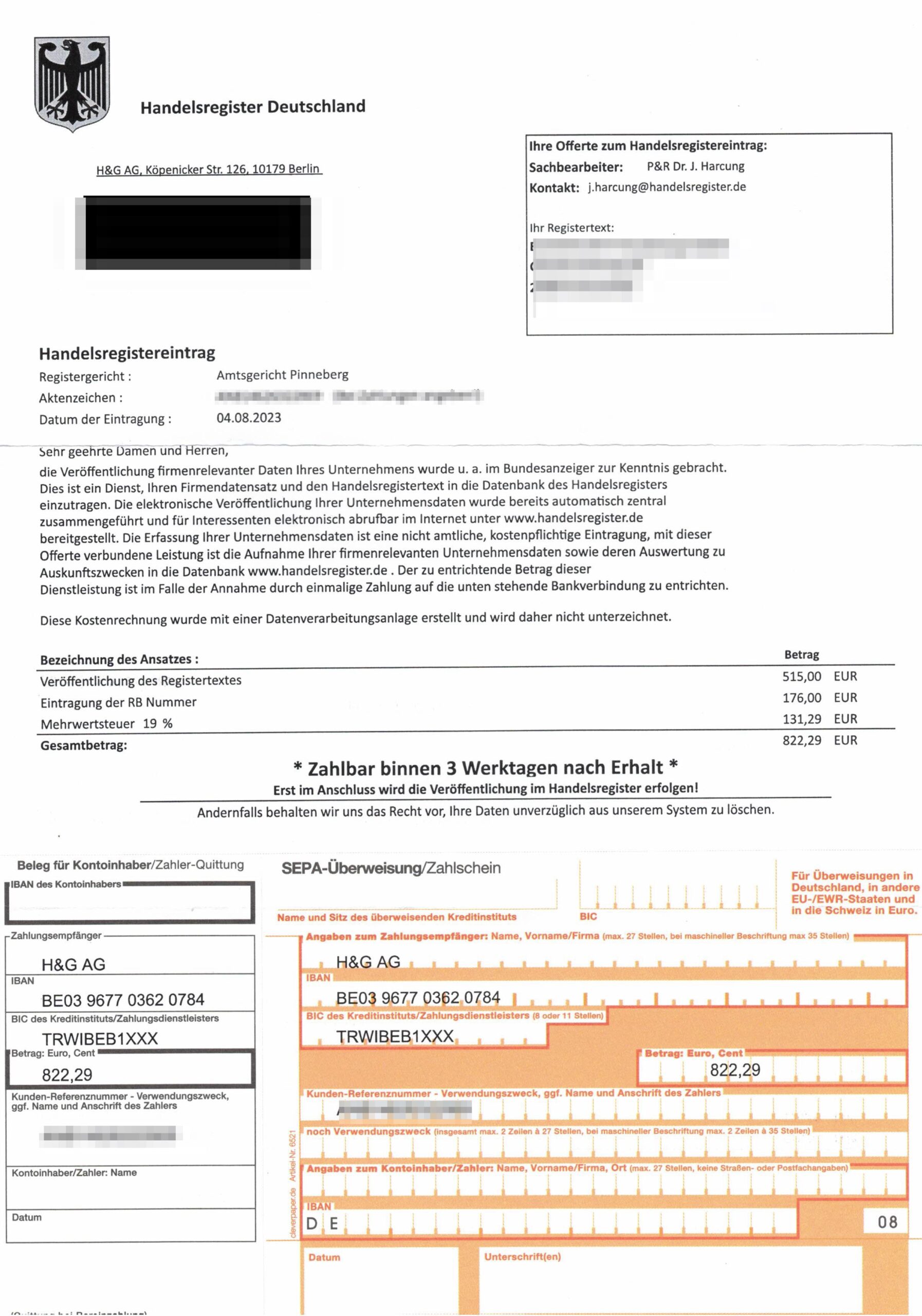 "H&G AG / Handelsregister Deutschland" mit IBAN BE03967703620784 ...